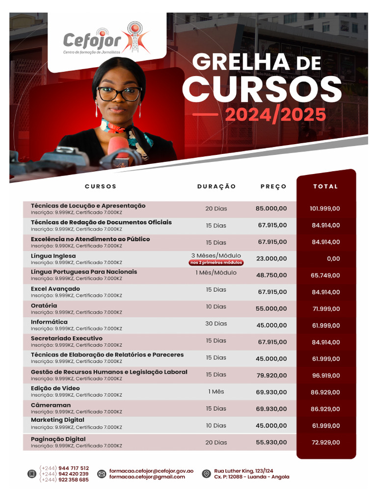 Tabela de Cursos 2024-2025 Cefojor | PDF