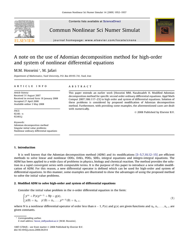 Commun Nonlinear Sci Numer Simulat: M.M. Hosseini, M. Jafari | PDF