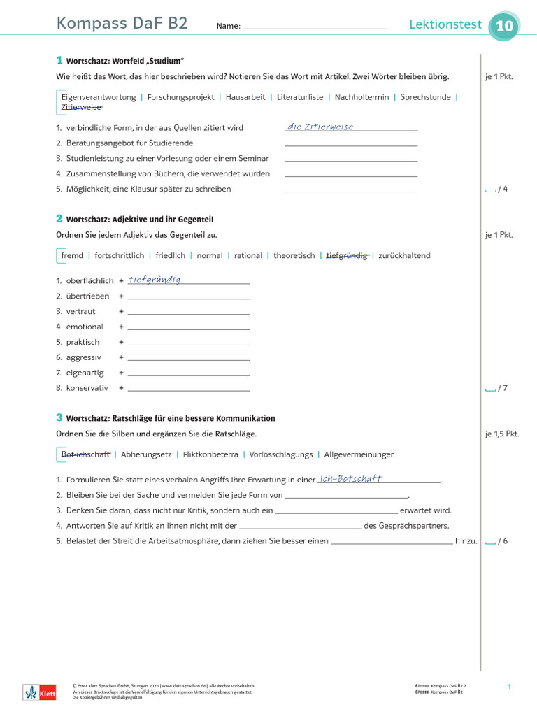 KompassDaF-B2 Lektionstest 10 | PDF