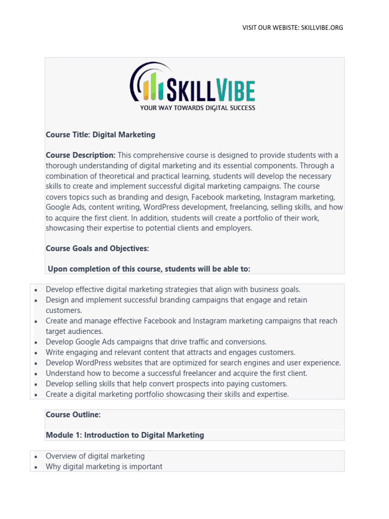 DIGITAL MARKETING COURSE OUTLINE ,SKILLVIBE | PDF