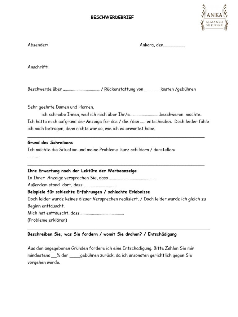 B2 Schriftlicher Ausdruck Beschwerdebrief | PDF