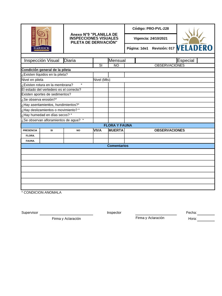 Anexo N9 Planilla de Inspecciones de Visuales de Pileta de Derivacion | PDF