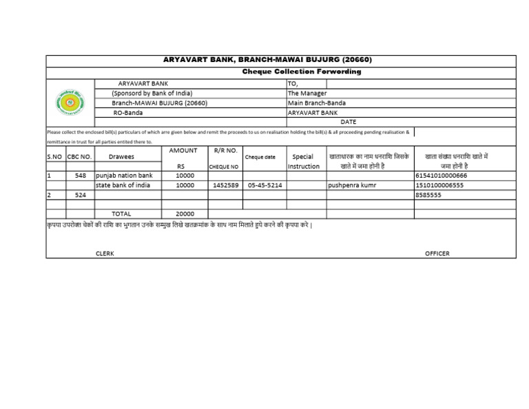 Aryavart Bank, Branch-Mawai Bujurg (20660) Cheque Collection Forwording ...