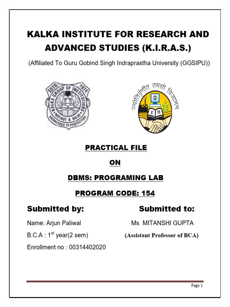 Arjun Paliwal Dbms Practical Lab File | PDF