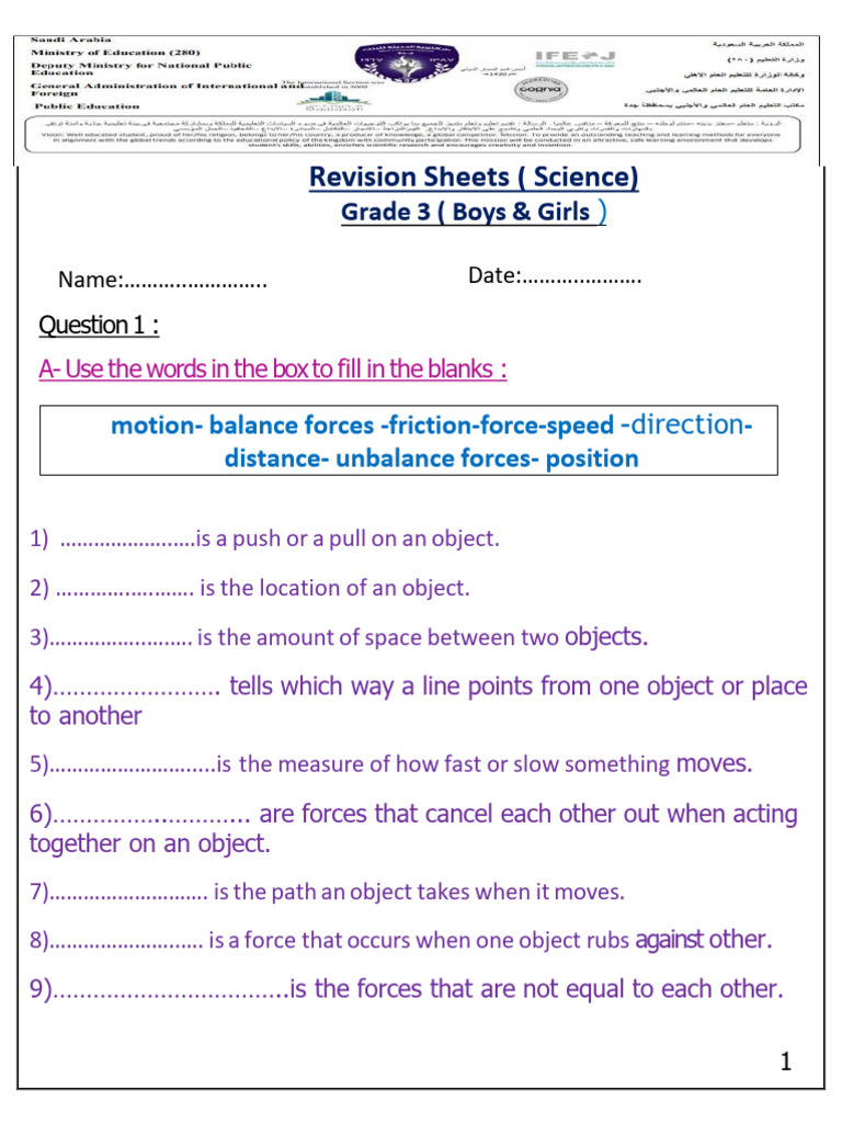 Revision Sheet Unit 1 Gr3 | PDF