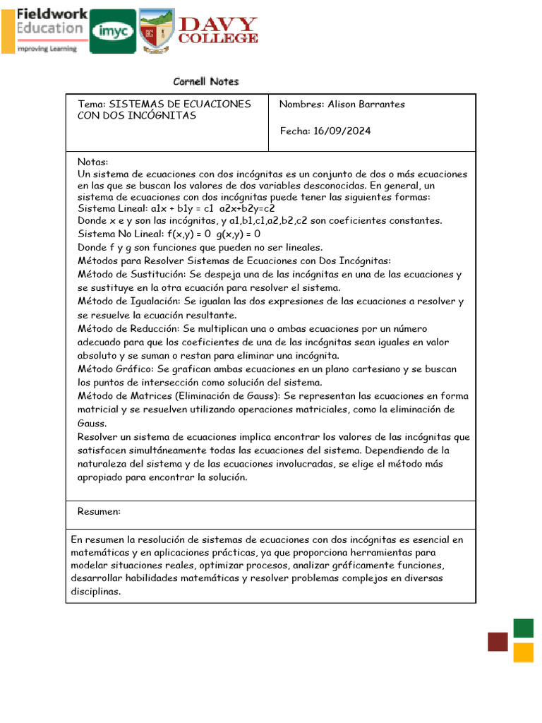 Cornell Notes - Math - IMYC | PDF