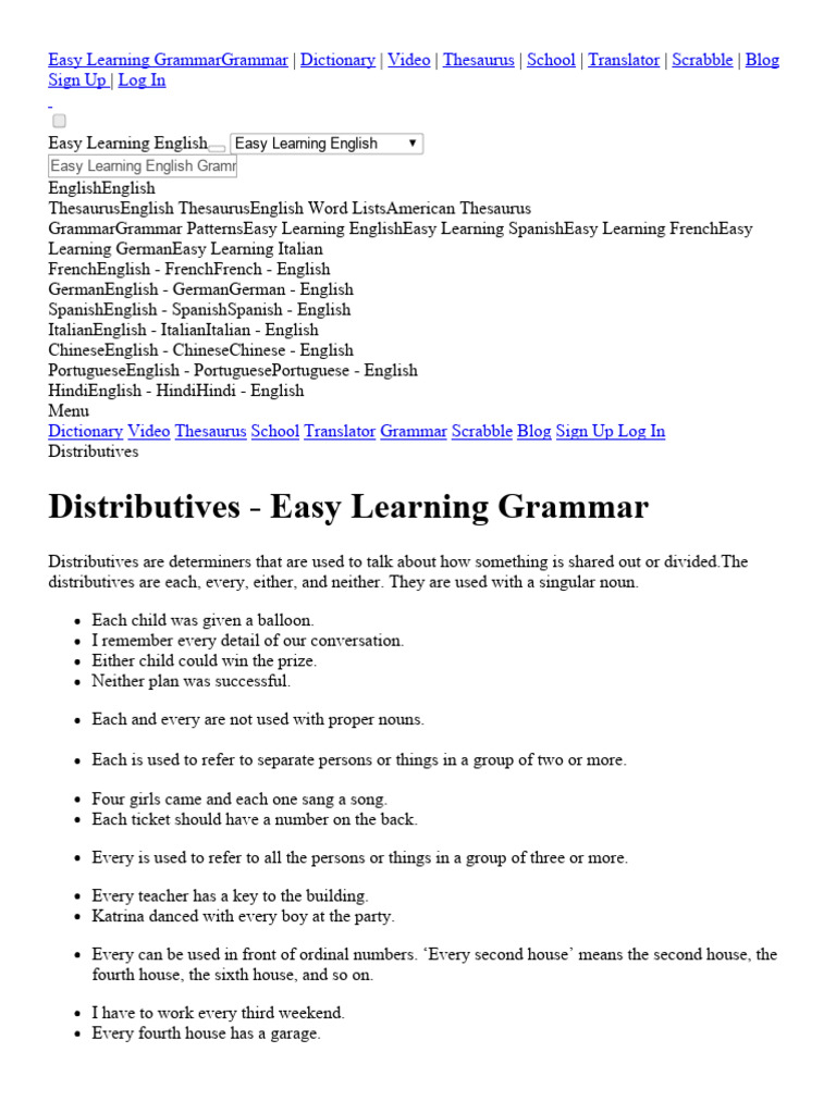Distributives - Learning English Grammar - Collins Education | PDF