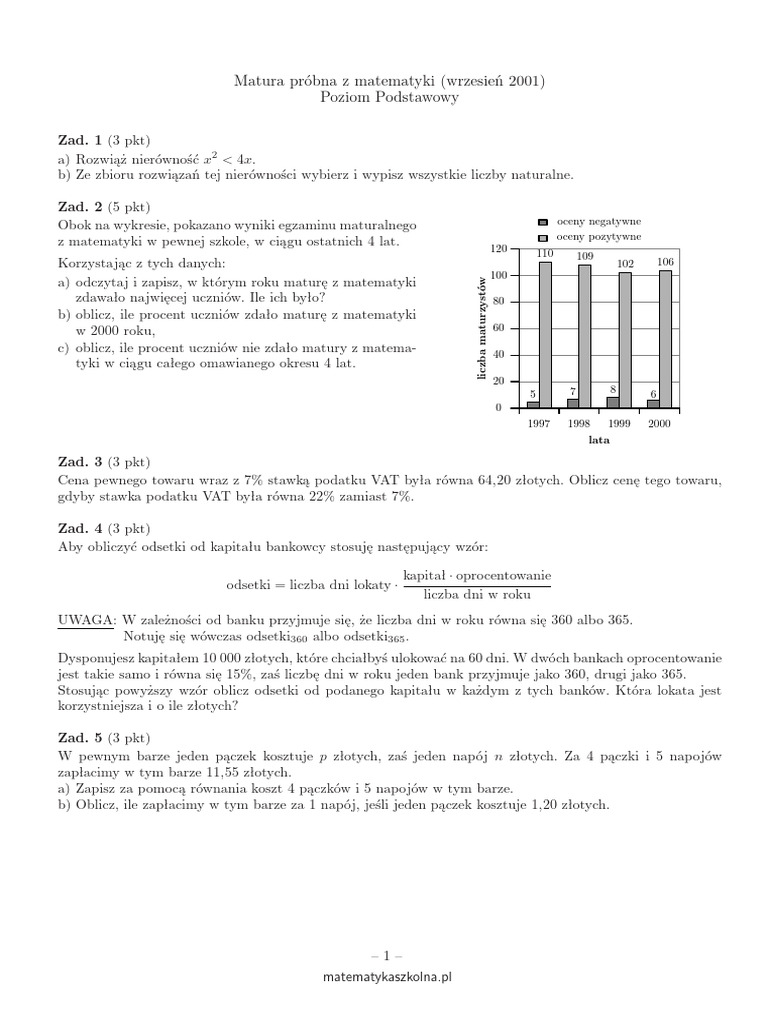 Matura Próbna Z Matematyki (Wrzesień 2001) Poziom Podstawowy | PDF