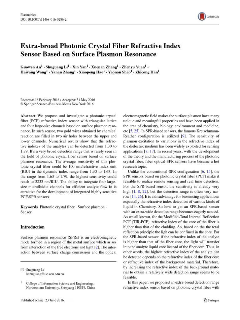 Extra Broad Photonic Crystal Fiber Refractive Index Sensor Based On Surface Plasmon Resonance | PDF