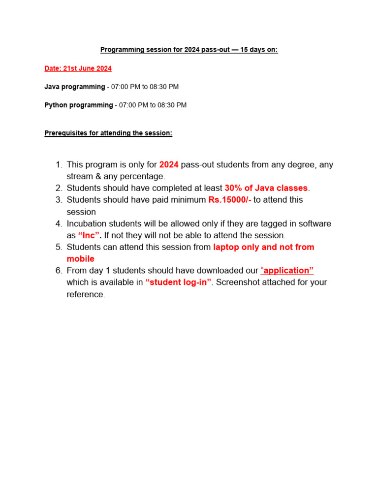 Programming Session Guidelines - 2024 Pass-Outs | PDF