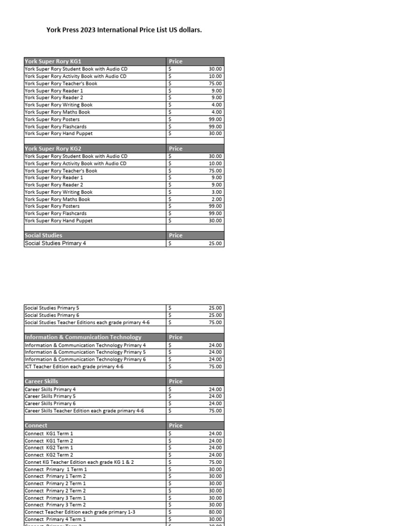 YorkPress_2023_International_PriceList_in_US_dollars | PDF