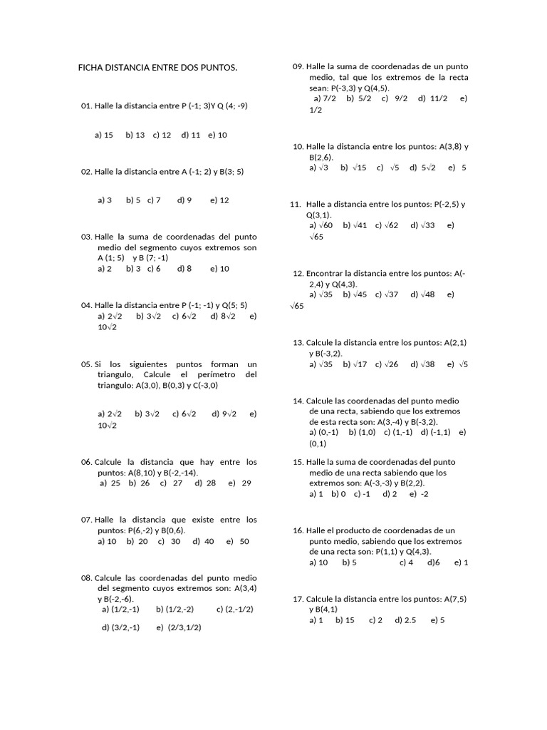 Ficha de Distancia Entre Dos Puntos. | PDF