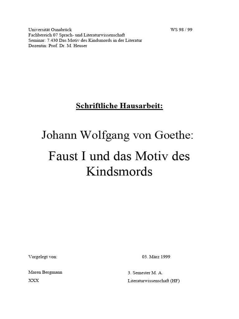 Hausarbeit Literatur Johann Wolfgang Von Goethe Faust I Und Das Motiv ...