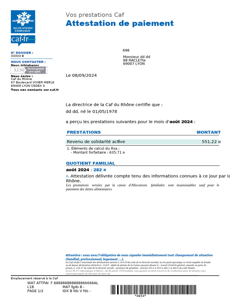 Test Attesation Paiement Rsa 08 09 24 Pour Aout Sept | PDF