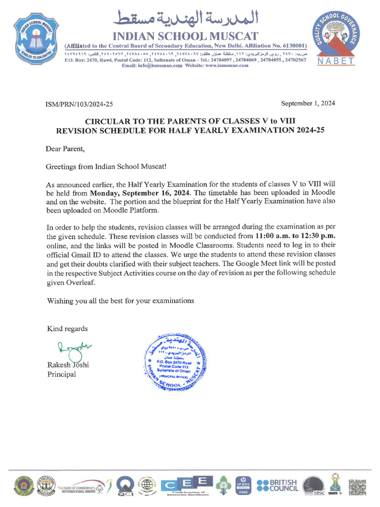 Circular - Revision Schedule For Half Yearly Examination For Classes V ...