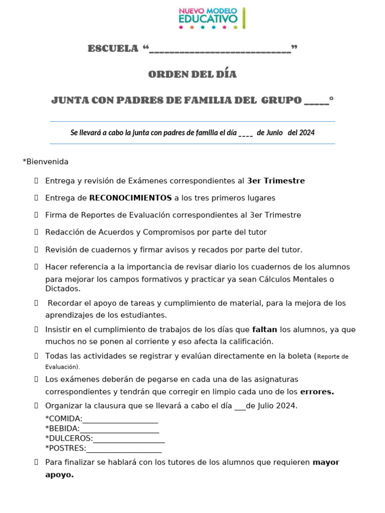 Orden Del Día - Junta Con Padres de Familia-MI SALÓN VIRTUAL | PDF
