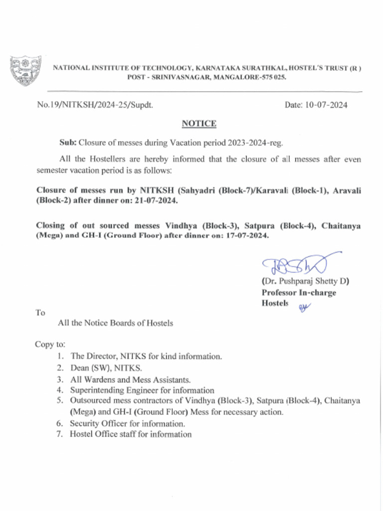 Notice - Mess Closure & Re-Opening | PDF