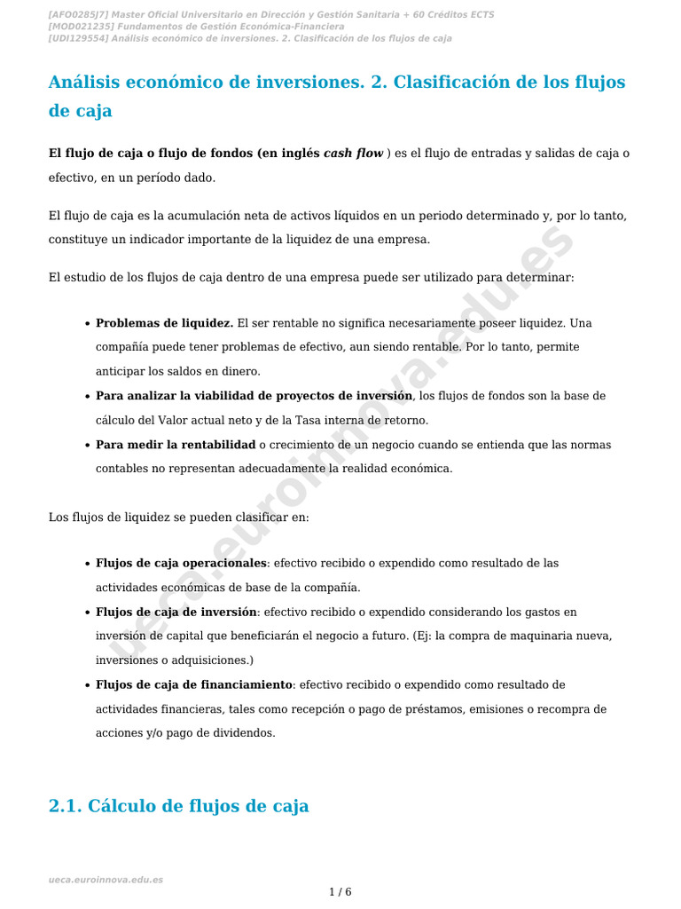 Análisis Económico de Inversiones. 2. Clasificación de Los Flujos de Caja | PDF