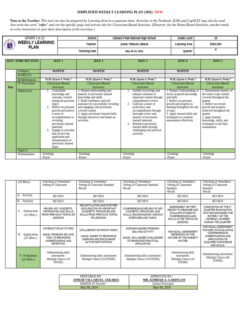 Simplified Weekly Learning Plan | PDF | Educational Assessment | Career ...