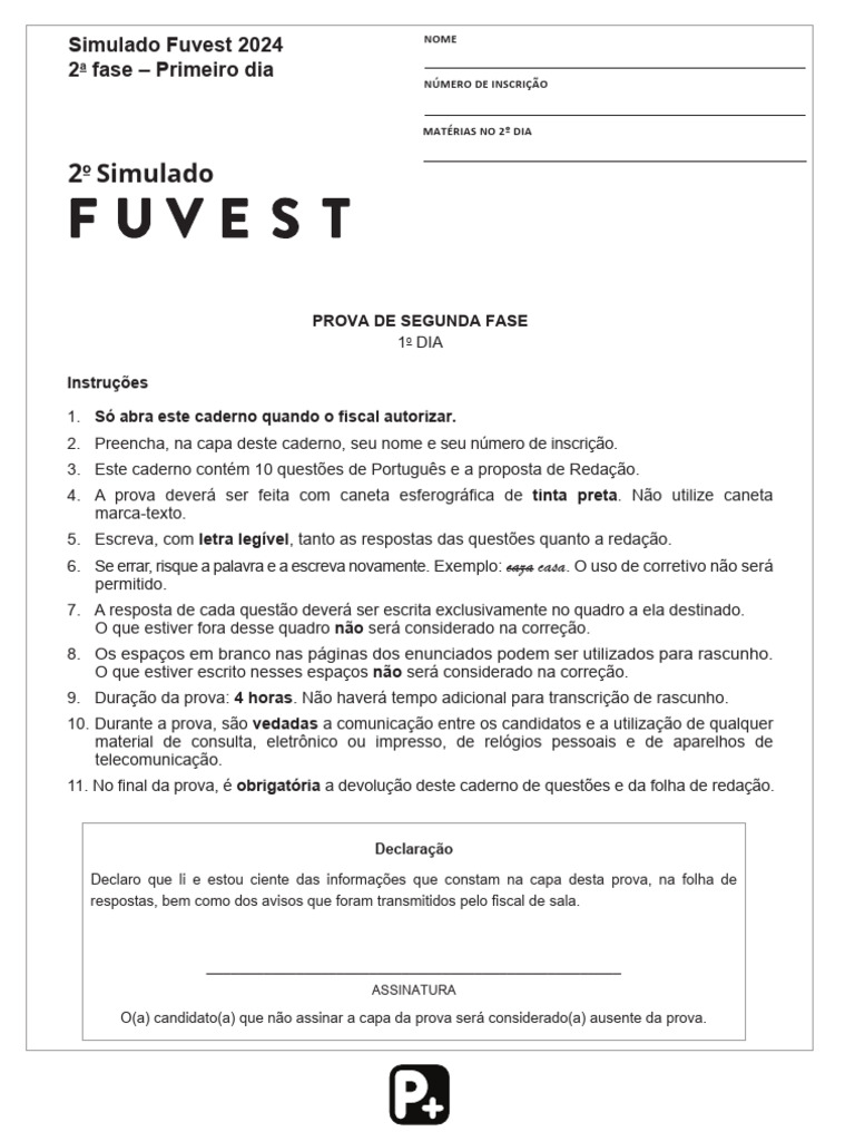 2º Simulado Fuvest 2024 - 2 Fase - 1º Dia - Prova | PDF