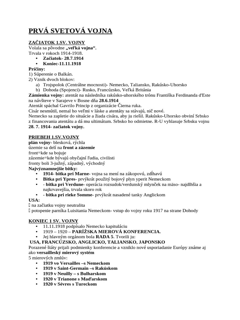 PRVÁ SVETOVÁ VOJNA Poznámky | PDF