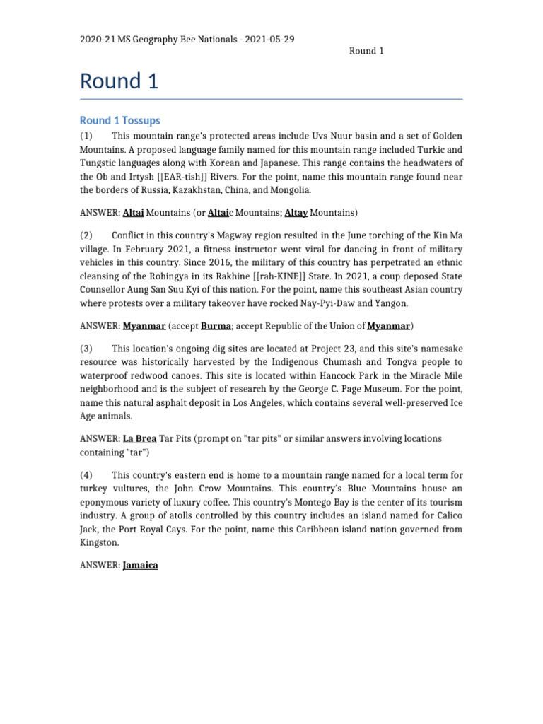 2021 International Geography Bee Round 1 | PDF