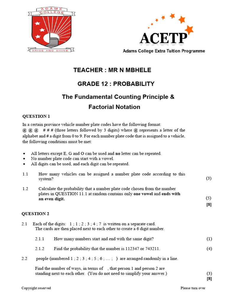 Grade 12 Counting Principle Questions 2023 | PDF