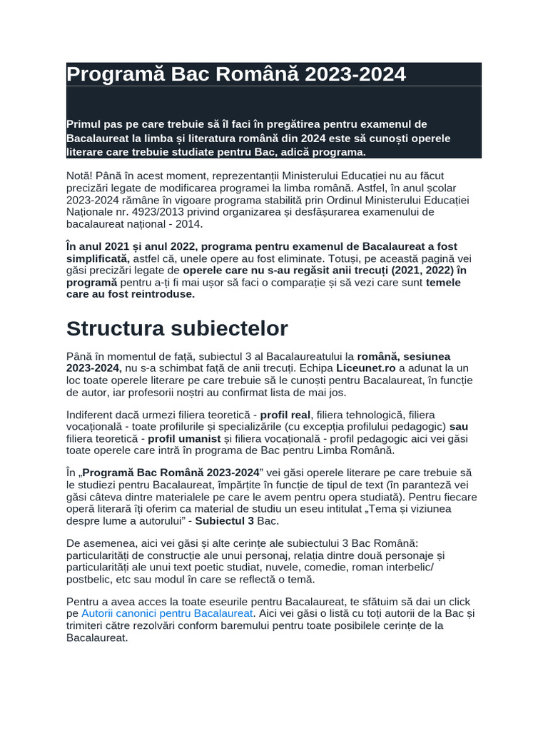 Programă Bac Română 2023-2024 | PDF