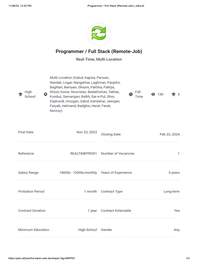 Programmer - Full Stack (Remote-Job) - Jobs - Af | PDF