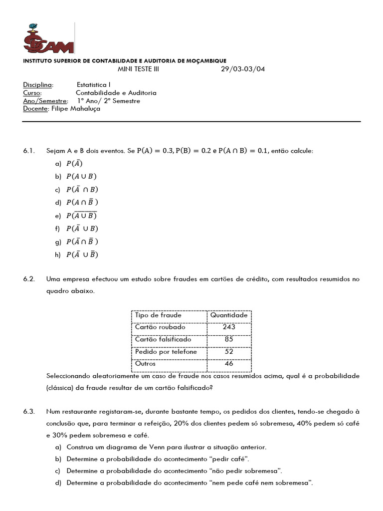 MINI TESTE III 1 de Estatistica 1 | PDF