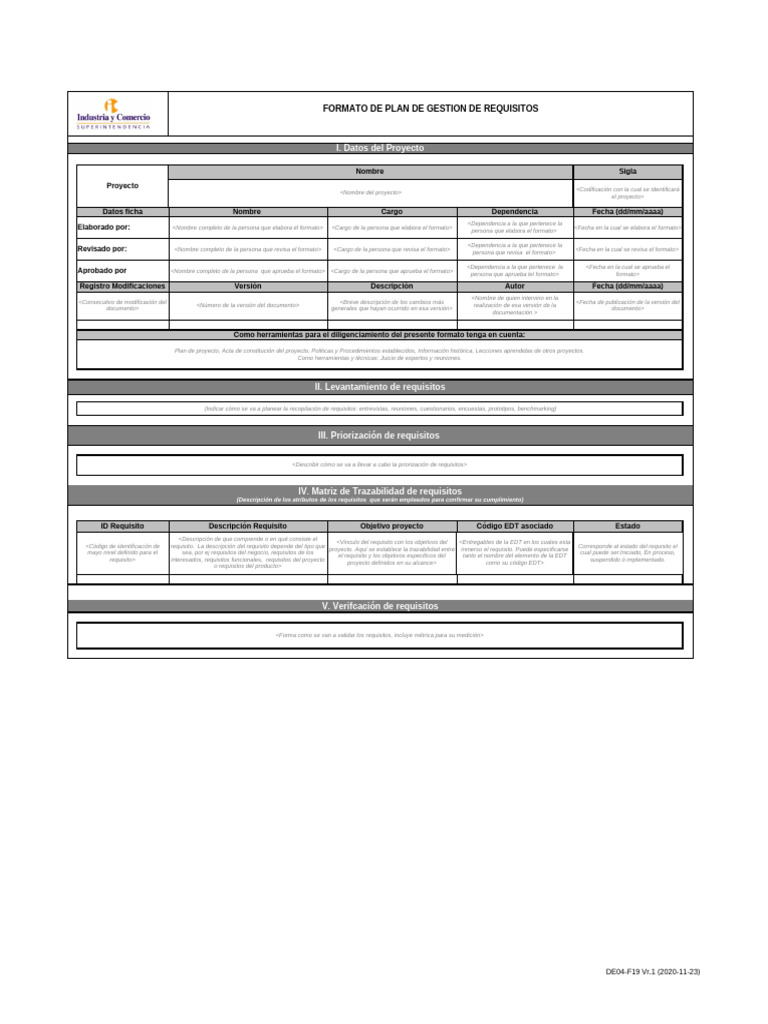 De04-F19 Formato de Plan de Gestion de Requisitos | PDF