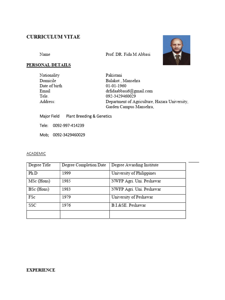CV-Prof. Fida Abbasi | PDF | Rice | Biology