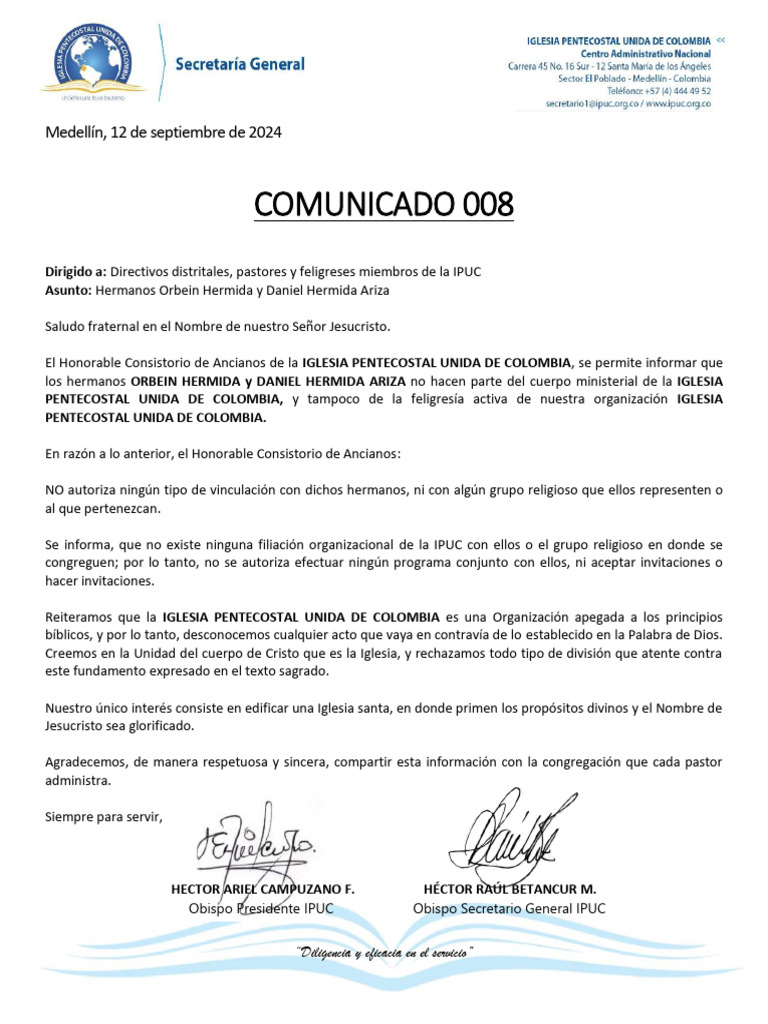 Comunicado 008 Orbein Hermida y Daniel Hermida | PDF