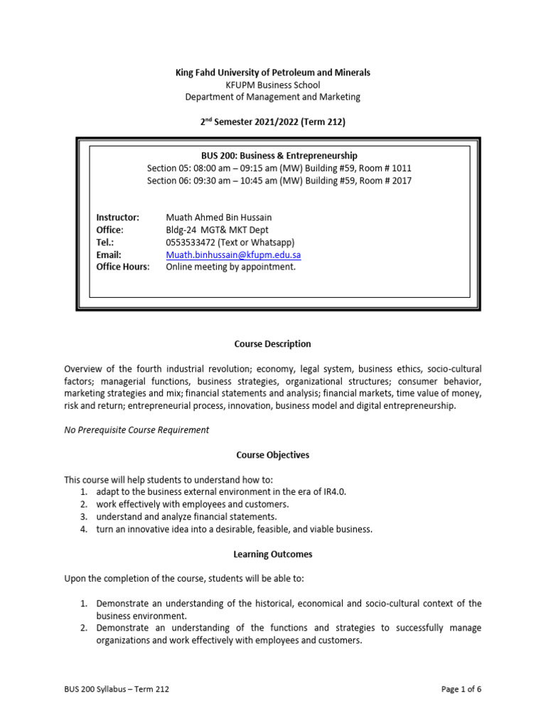 BUS 200 Syllabus - Term 212 | PDF