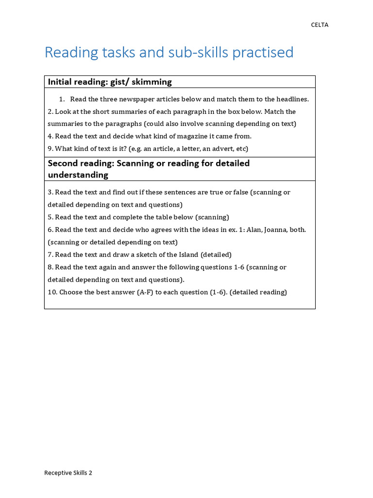 Reading Tasks - What Sub-Skills Are Involved - Answer Sheet | PDF