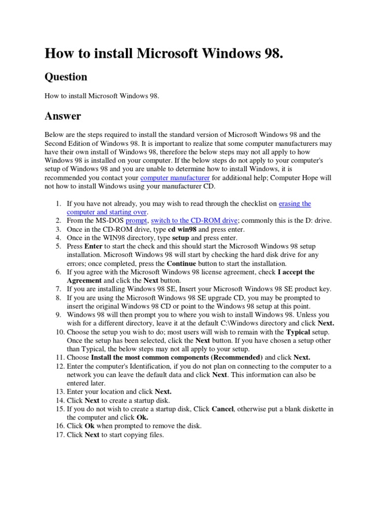 How To Install Microsoft Windows 98 | PDF | Cd Rom | Microsoft Windows
