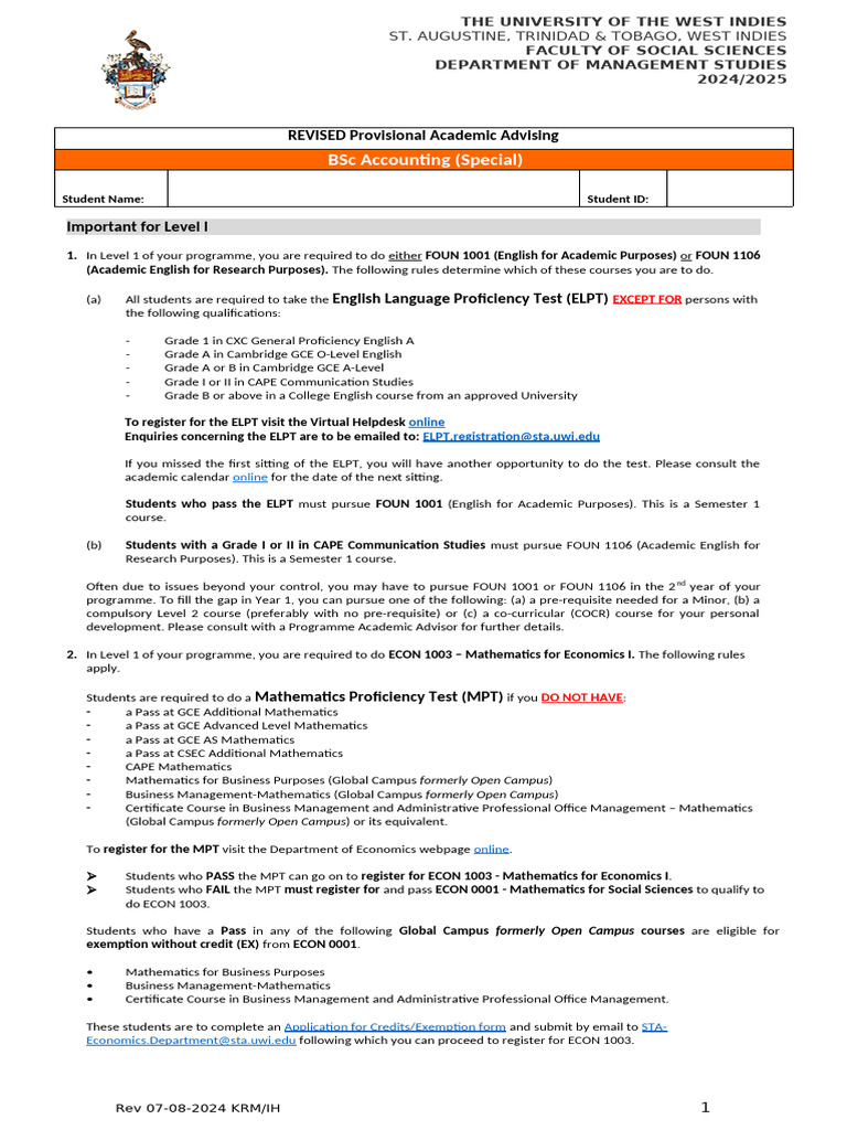 Academic Advising Form - Accounting Special - 2024 | PDF