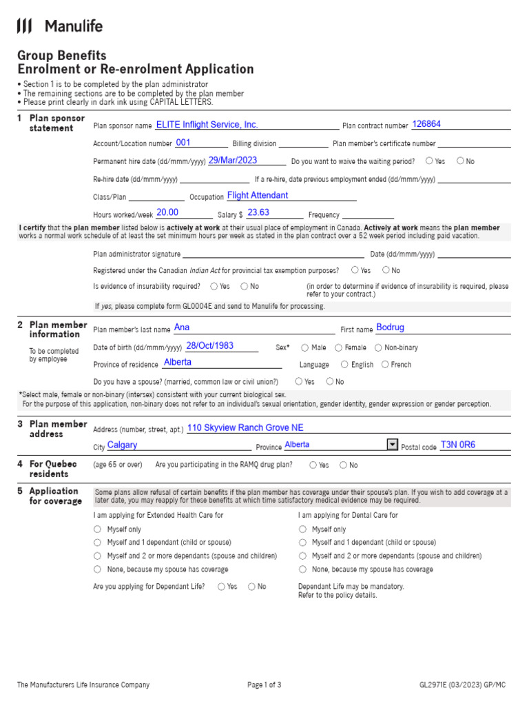 Manulife Enrolment and Re-Enrolment Form - Ana Bodrug | PDF