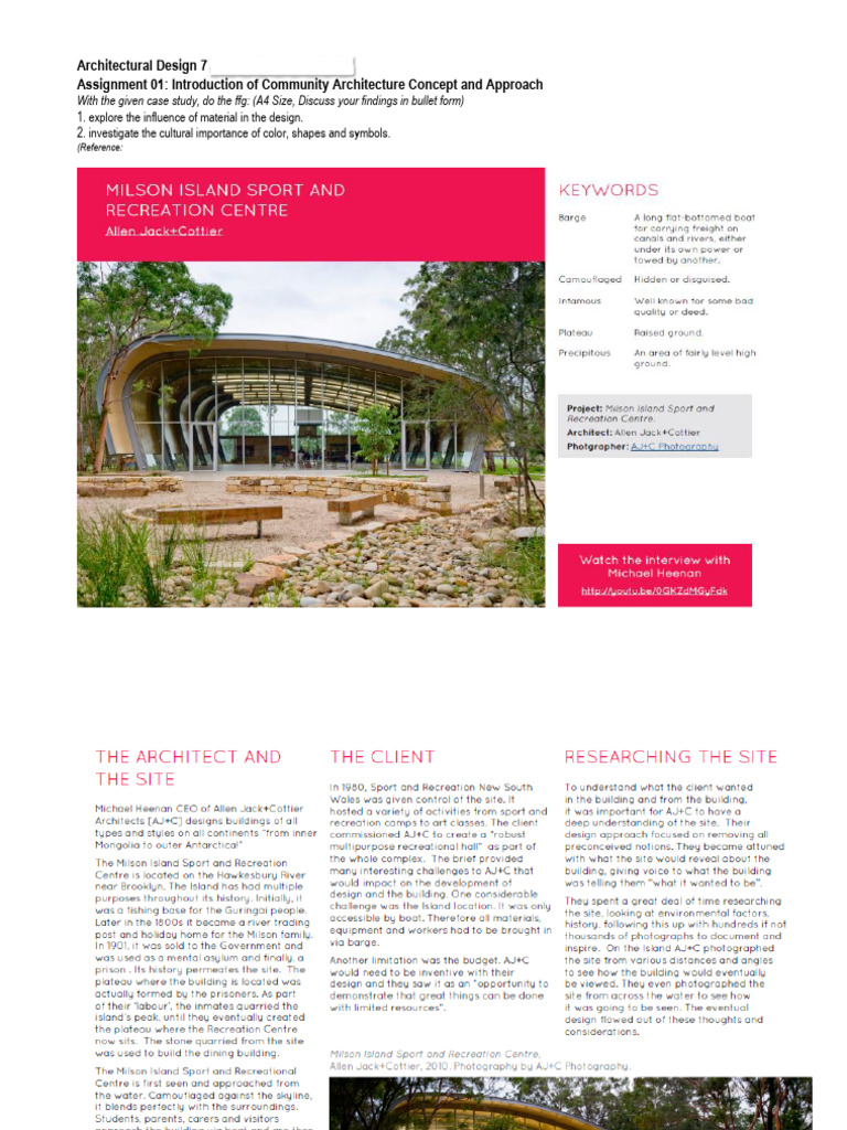 Assignment 1.0 Case Study - MILSON ISLAND SPORT AND RECREATION CENTRE by Allen JackCottier | PDF