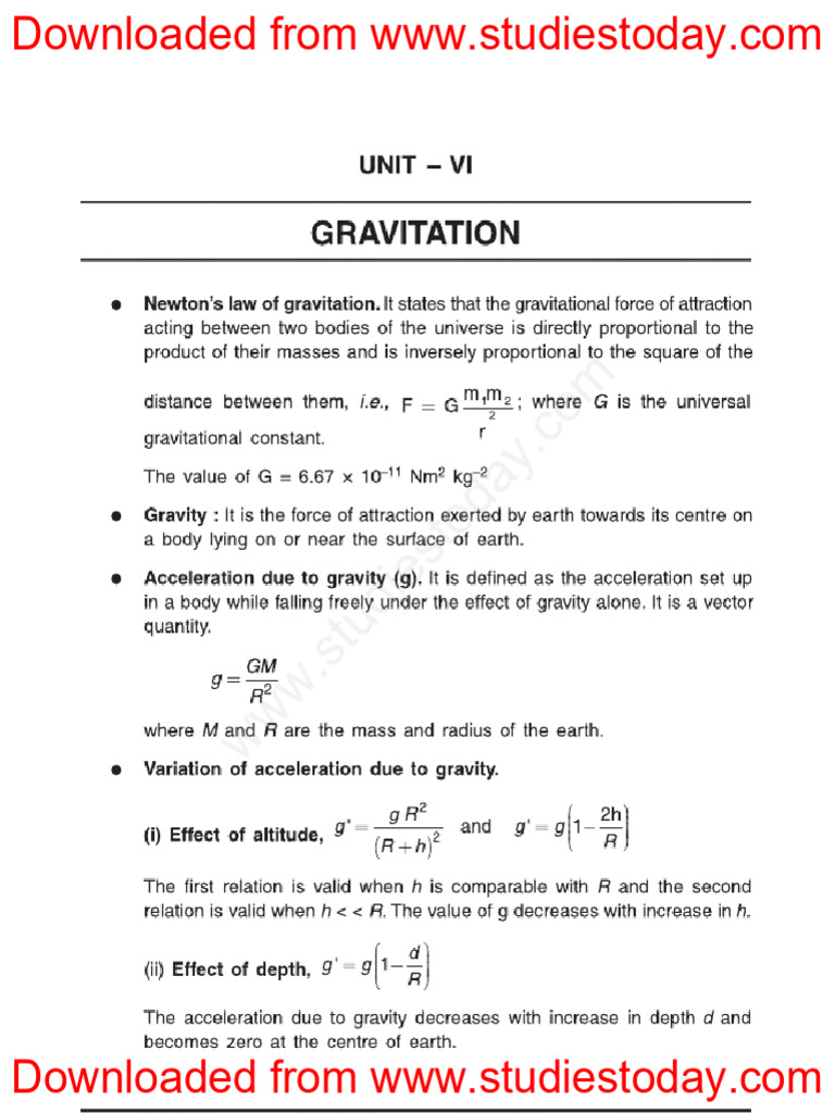 CBSE Class 11 Physics Questions For Chapter Gravitation | PDF