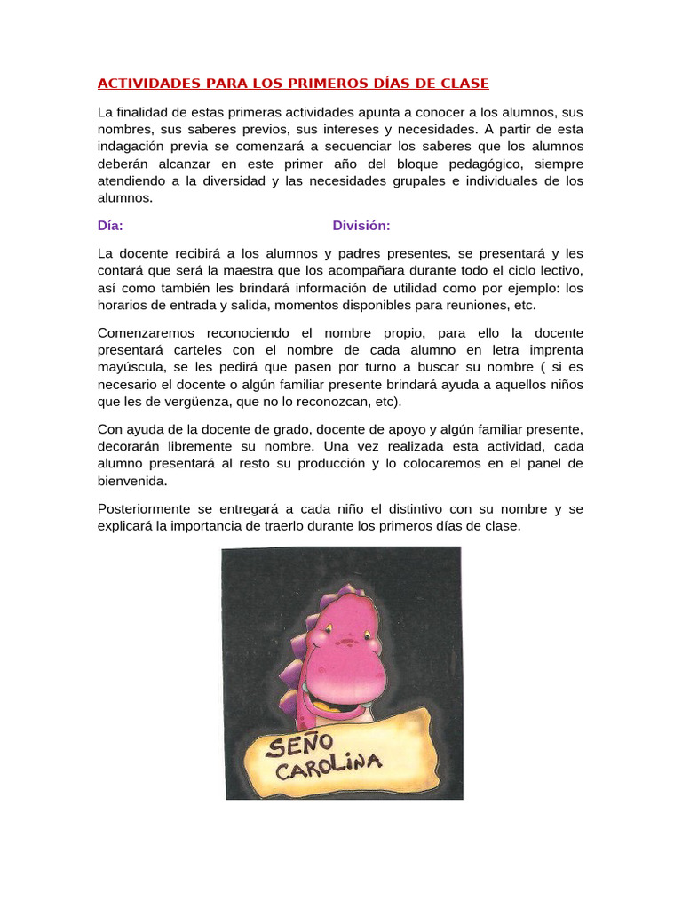 ACTIVIDADES PARA LOS PRIMEROS DÍAS DE CLASE | PDF