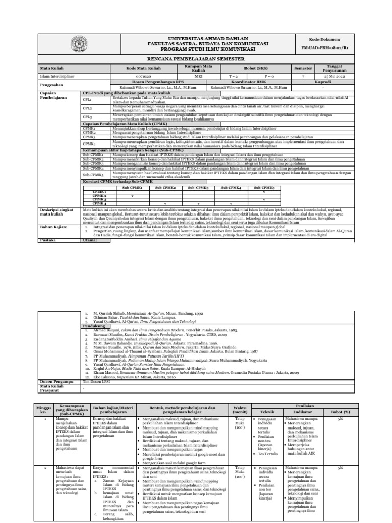 RPS MKI Islam Interdisipliner FSBK Ilkom OBE 2022 | PDF
