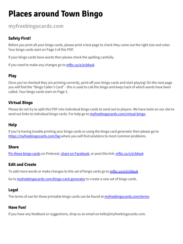 Places Around Town Bingo | PDF