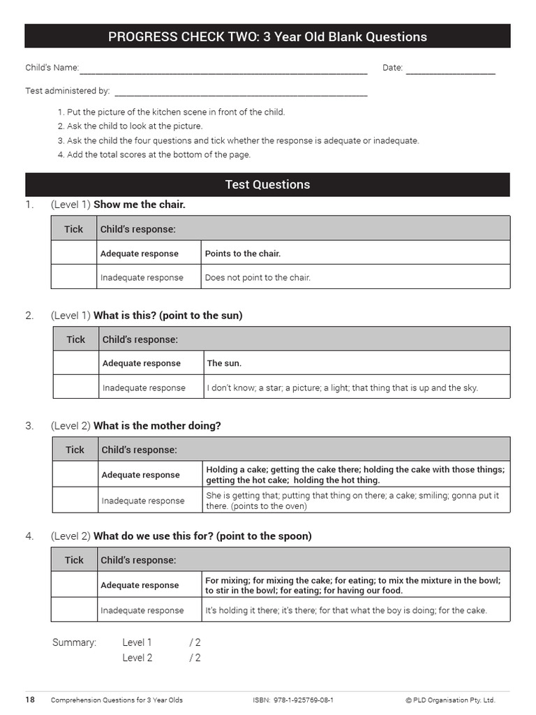 PROGRESS CHECK TWO: 3 Year Old Blank Questions | PDF