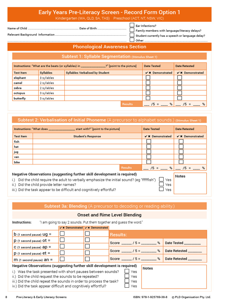 Early Years Pre-Literacy Screen - Record Form Option 1: Phonological ...