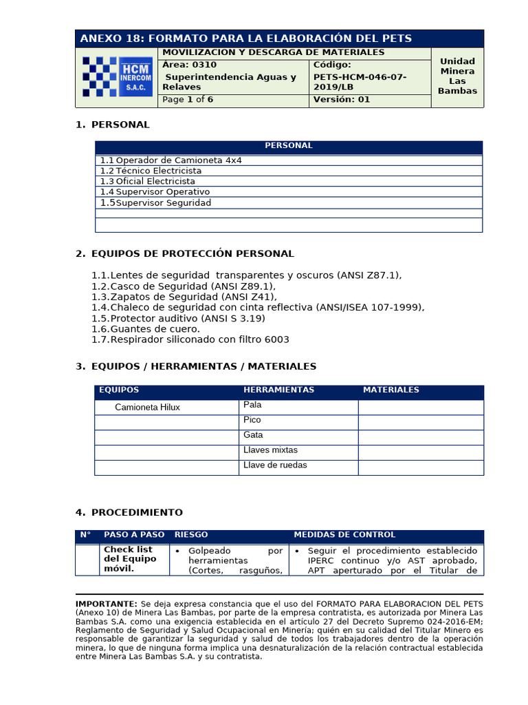 ANEXO 18 - PETS 02 - MOVILIZACION Y DESCARGA DE MATERIALES, HERRAMIENTAS Y EQUIPOS | PDF