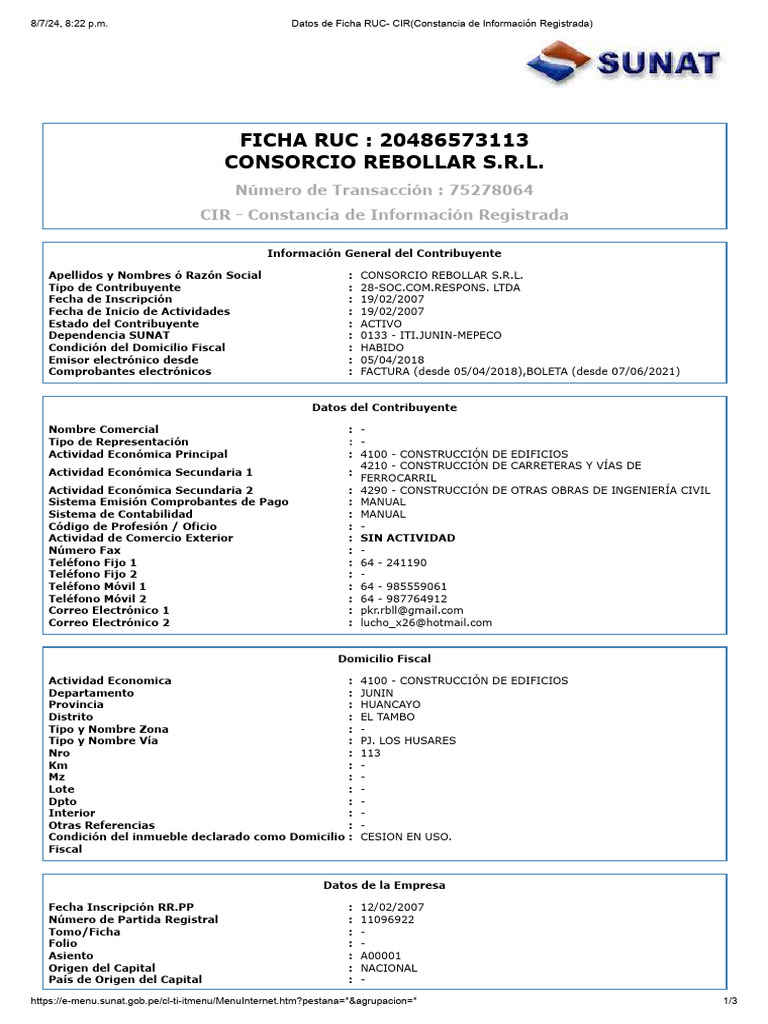 Ficha RUC - 20486573113 | PDF