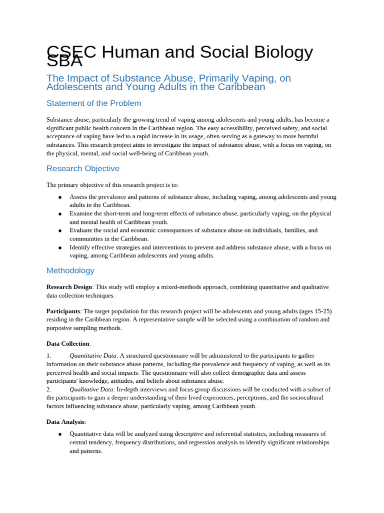 CSEC Human and Social Biology SBA - The Impact of Substance Abuse On ...