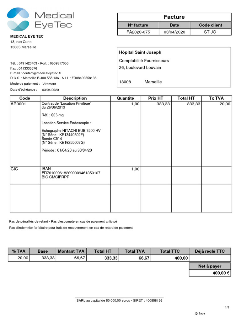 Facture FA2020 075 ST JO Hôpital Saint Joseph 042020 | PDF