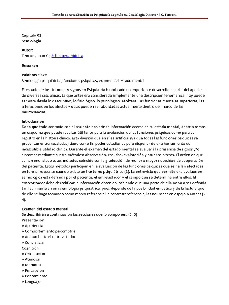 Tratado de Actualizaci+ N en Psiquiatr+¡a Cap+¡tulo 01 Semiolog+¡a Director J. C. Tenconi | PDF ...